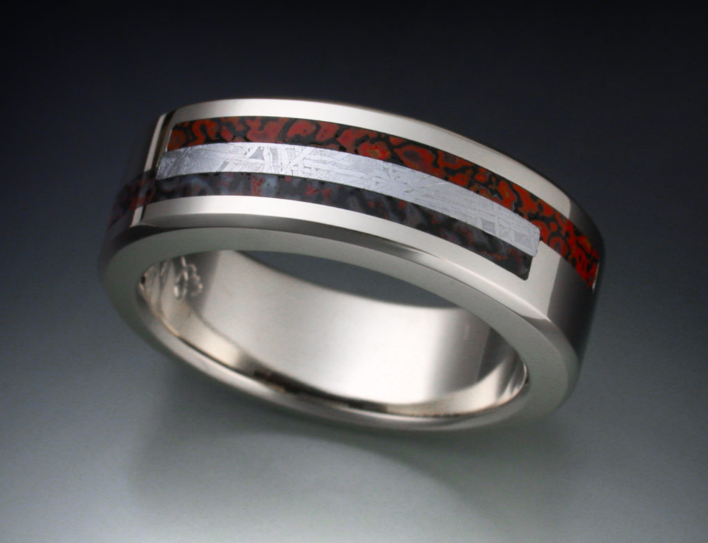 14k White Gold Gibeon Meteorite & Dinosaur Bone Ring - Metamorphosis ...